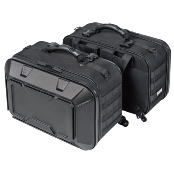 カラー ：エンボスブラック本体サイズ ：300(H)×420(W)×220(D)mm＜片側＞本体重量 ：1.7kg(片側)材質 ：PC樹脂、1680Dポリエステル容量 ：40L(片側20L)内容 ：本体×2、イージーベーススリムY×1、固定...