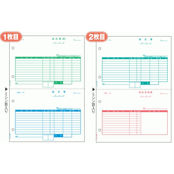 1枚ずつ印字すると計4枚の伝票になります。＜仕様＞●入数：250セット●サイズ：A4タテ 210×297mm ●ミシン目切り離し後のサイズ：210×148.5mm ●面付け：2●対応プリンタ：インクジェット（カラー・モノクロ）、レーザー（カ...
