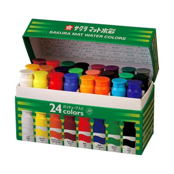 ●使いやすいポリチューブに入ったマット水彩絵の具は水の量を調節することで、不透明調、透明調の絵が楽しめます。 ●粒子が細かく、練りが均一ですから、のびがよく、混色、重色も容易で、変退色しにくくなっています。＜仕様＞●商品名：マット水彩24色...