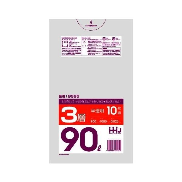 商品名：業務用　ポリ袋　ゴミ袋　90Lサイズ 材質：HDPE(高密度ポリエチレン。レジ袋のように、カサカサした感触が特徴です) 厚み：0.023mm／サイズ(ヨコ×タテ)：900×1000mm入数：10枚×50冊入(500枚)色：半透明