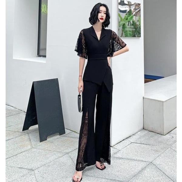 ● 商品名 ● かっこいい パンツドレス パーティードレス 結婚式 服装 女性 お呼ばれドレス パンツ 襟付き オールインワン レディース ジャンプスーツ 半袖 袖あり レース袖 黒 パンツスタイル 大きいサイズ 3L 4L 小さいサイズ ...