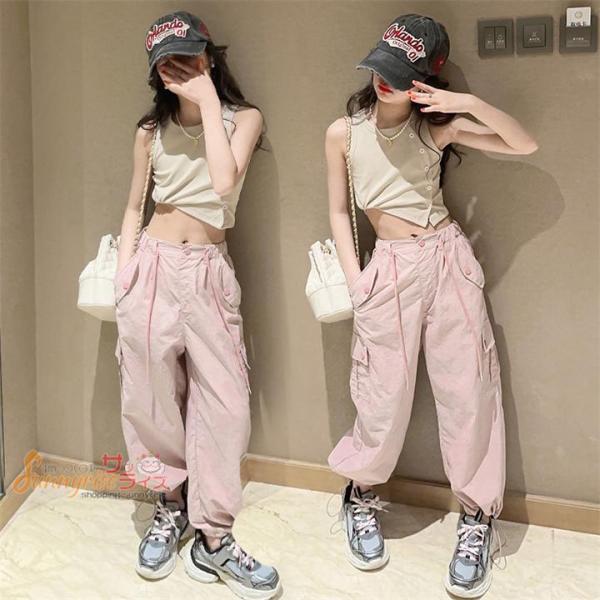女の子 子供服 キッズダンス衣装 ダンス 衣装 ヒップホップ ベージュ タンクトップ カーゴパンツ ワイドパンツ 薄手 女の子 へそ出し ピンク ロングパンツ ジャズ 韓国ファッション 演出服 練習服 ステージ衣装 団体服 チアガール スト...