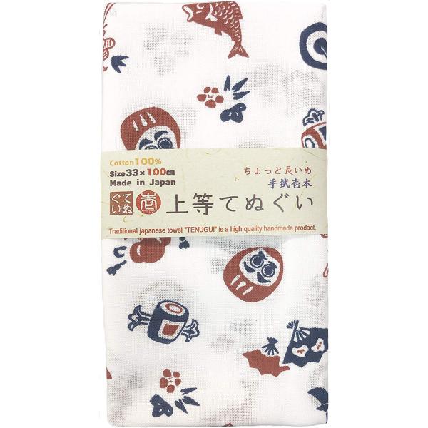 この商品は訳あり品です。この商品には染不良があります。※写真は一例です。通常サイズ約90ｃｍより少し長い約100ｃｍの手ぬぐいです。【日本手拭い 縁起ちらし柄】日本製寸法：約33cm×約100cm生地：綿100％(文・総理)吸水性・耐久性に...