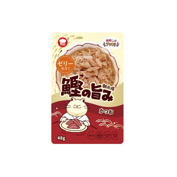 朝市場　鰹の旨み　ゼリーかつお　48ｇ・ゼリーに閉じ込めたかつお・フレッシュオイル配合で美味しさアップ・オリゴ糖・タウリン配合・無着色、合成着色料・保存料・穀物不使用・成猫用一般食・ゼリータイプ・グレインフリー・おやつ、ドライフードのトッピ...