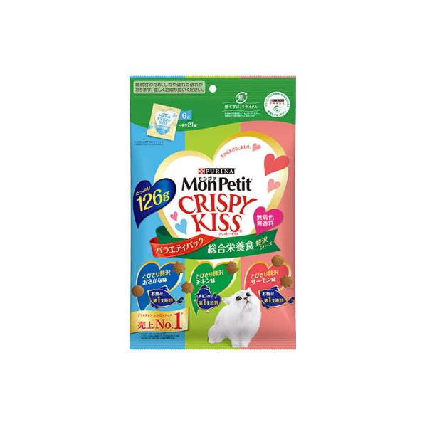 1袋に3つのおいしさ！●「クリスピーキッス」総合栄養食贅沢シリーズ3フレーバーを大袋バラエティパックに。●ネコちゃんに必要な栄養をバランスよく配合した総合栄養食。●無着色無香料。●噛み応えのあるぷっくり大きめ粒が、●ネコちゃんの歯の健康維持...