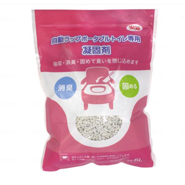 自動ラップ機能付きポータブルトイレ専用の消耗品（凝固剤）です。【材質・原材料】主成分：木粉（リサイクル材）、コーンスターチ、炭酸カルシウム、吸水ポリマーリサイクル材使用。可燃物として処理できます。【規格詳細】６L入り。約60回分。【付属品】...