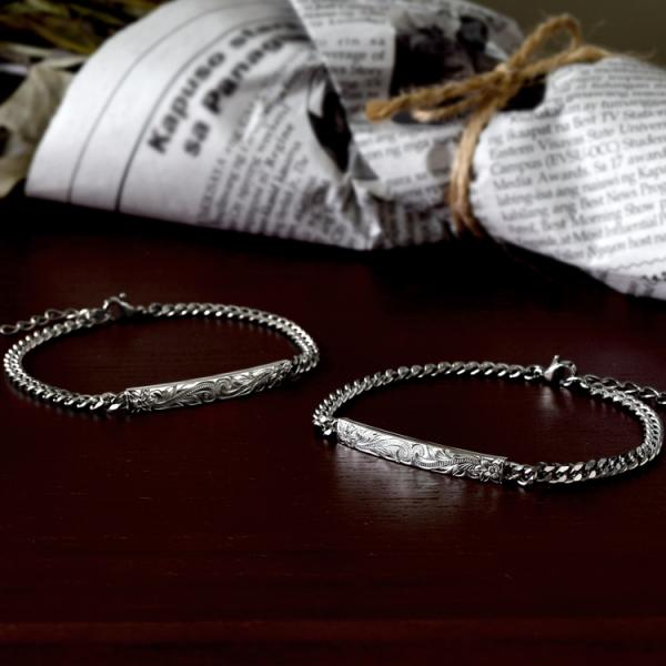 ハワイアンジュエリー ペアブレスレット 刻印 ステンレス つけっぱなし シンプル IDプレート スクロール プルメリア おしゃれ ハワイアン スティールシルバーカラー サージカルステンレス 316L ノンアレルギー 金属アレルギー対応 2本...