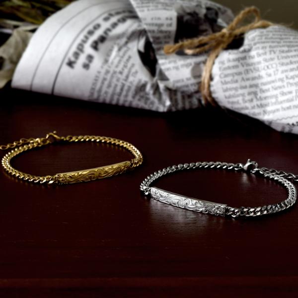 ハワイアンジュエリー ペアブレスレット 刻印 ステンレス つけっぱなし シンプル IDプレート スクロール プルメリア おしゃれ ハワイアン スティールシルバーカラー イエローゴールドカラー サージカルステンレス 316L ノンアレルギー ...