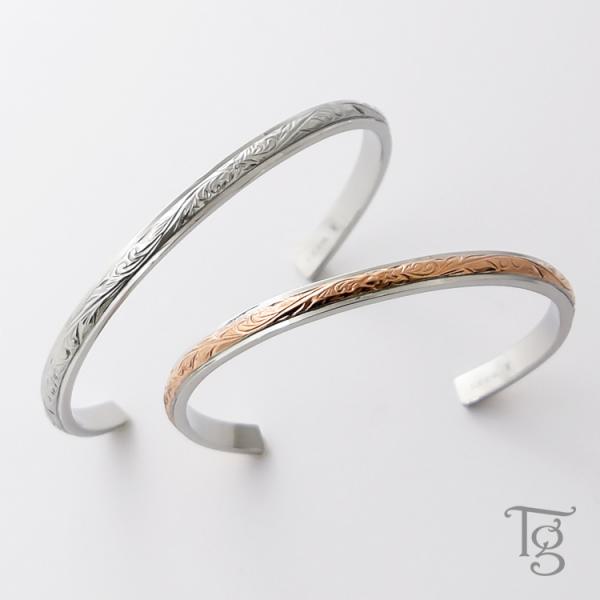 ハワイアンジュエリー ペアバングル ペアブレスレット つけっぱなし 刻印 ステンレス 金属アレルギー対応 大人 シンプル プルメリア スクロール おしゃれ ハワイアン サージカルステンレス 2本セット価格 テラグラティア Terra-gra...