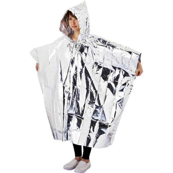 災害時等に寒さから身を守る軽量アルミポンチョです。急な雨でも安心なフード付。防災用としてだけでなく、レジャー用としても活躍します。手が自由に使えるので便利です。サイズ:120×100cm・ポンチョ1個・アルミ蒸着CPP・16.5×13cm・...