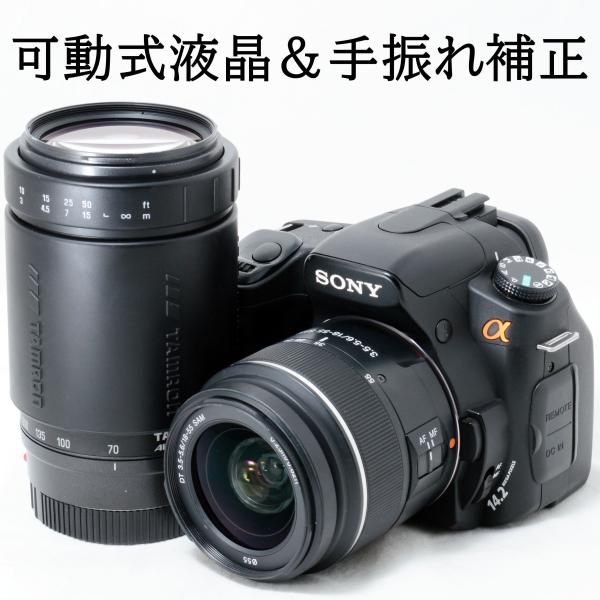 SONY ソニー α350チルト可動式液晶モニター搭載でロー＆ハイアングルでの撮影も可能！初心者の方でも簡単に撮影できます！レンズは広角18mm〜超望遠300mmまでカバー！普段撮りから遠景撮影までこのセットでOK！またシーンセレクトでポー...