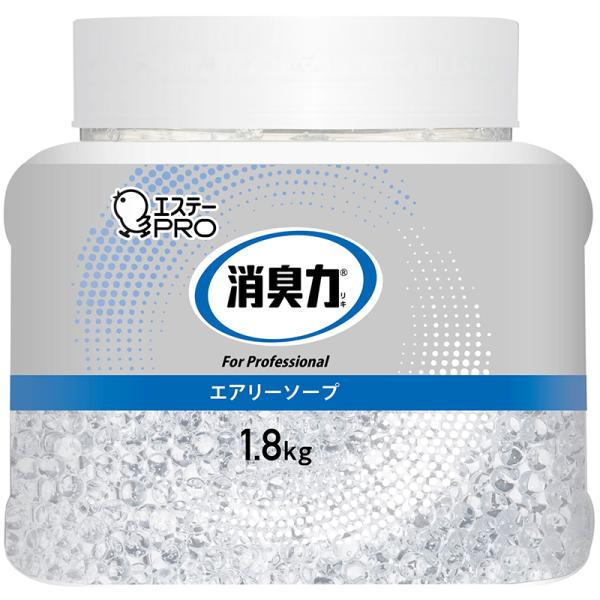 エステー 消臭力 業務用 ビーズタイプ 特大 本体 1.8kg エアリーソープ（4個入り）メーカー：エステー分野用途：室内・トイレ用使用期間：5~7ヵ月●幅広いニオイを強力に消臭する「ハイブリッド消臭テクノロジー※」を採用した業務用消臭剤で...