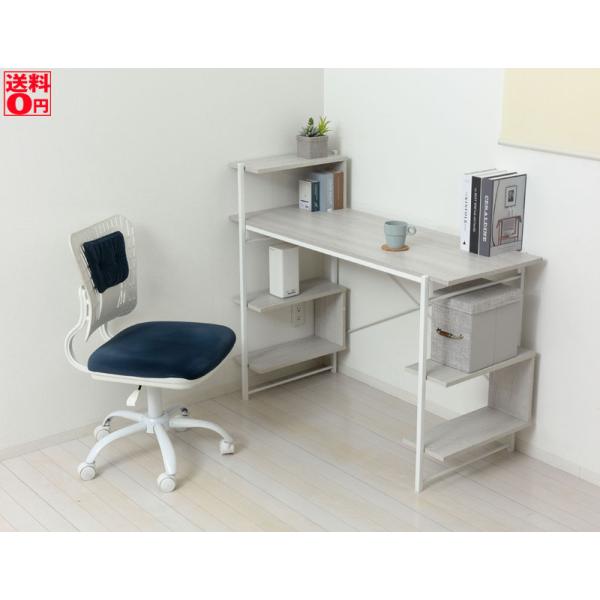 商品名：らくらく組立 棚付デスクW120商品No.：30515/30517/30519サイズ　幅120×奥行51×高さ98.5(76)cm材質　プリント紙化粧繊維板、スチール、粉体塗装ポイント 1.すじかいと補強板の固定だけで完成する時短仕...