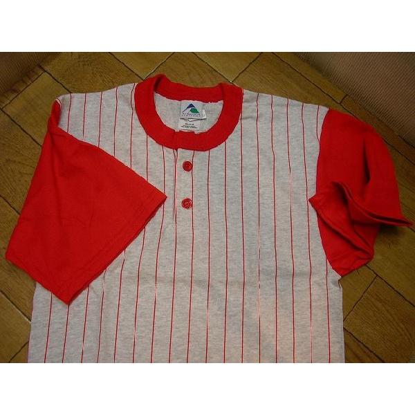 AUGUSTA ベースボールT−シャツMade in USA  Fabrikアメリカ国内商品100%cotton　ベースボールＴシャツカラー/オックスフォードストライプボディ・レッドトリム