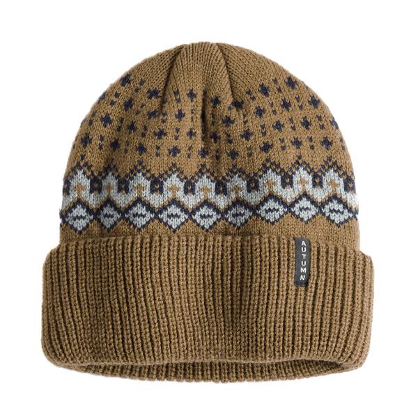 AUTUMN HEADWEAR　オータムニット帽　帽子　ビーニー　SNOWBOARD　2025　ブラウンｘネイビーｘブルーグレー系100% Acrylic Three Color Jacquard Knit11” tall, 3” cuff...