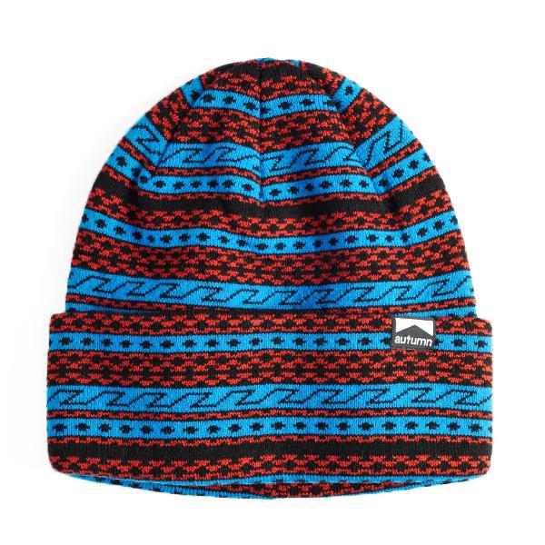 AUTUMN HEADWEAR　オータムニット帽　帽子　ビーニー　SNOWBOARD　2025　ブラックｘブルーｘレッド100% Acrylic Multi Color Machine KnitMediumweight「世界のストリートとス...