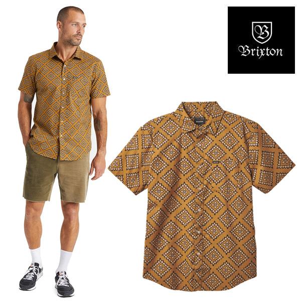 BRIXTON　ブリクストンメンズ　半袖シャツ　総柄　ブラウン シャツBRIXTONの地元でもあるカリフォルニアのオーシャンサイドをベースに活動しているアーティスト、“MITCH KING”のアートワークが落とし込まれた、4枚でコーディネイ...