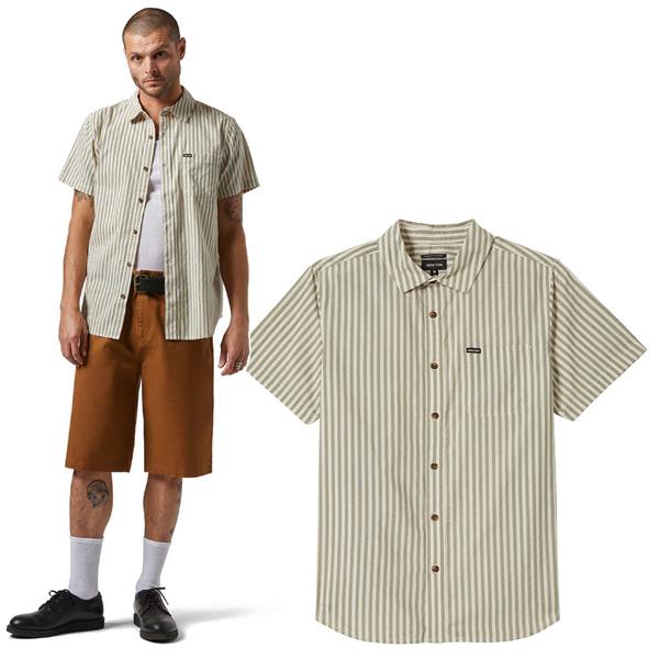 BRIXTON　ブリクストン半袖シャツ　メンズ　ストライプ　グリーンＸベージュプロサーファー・プロスケーター・ロックミュージシャンにも愛用されているブランドです。個性を引き立てるプリントと、着まわしやすいスタンダードシルエット。このショート...