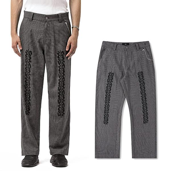 FORMER　フォーマーロングパンツ　ボトムス　グレンチェック柄　メンズ　2025　グレー系パンツ　チェーン付き　Constructed from a premium rayon blend (65% polyester 30% rayon...