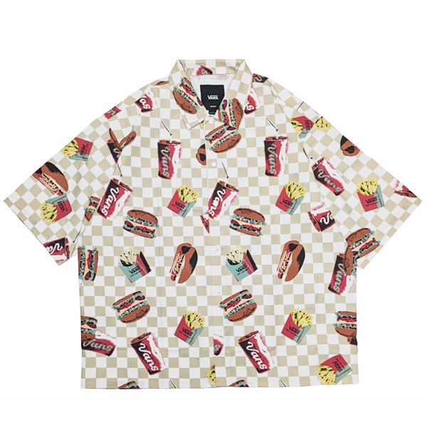 VANS　バンズ ヴァンズ半袖シャツ　総柄　チェッカー柄　ハンバーガー　ポテト　ドリンク　シャツサイズ：着丈/身幅/肩幅/袖丈（cm）M：75.0/68.0/56.5/31.0L：78.0/71.0/59.0/32XL：80.5/74.0/...