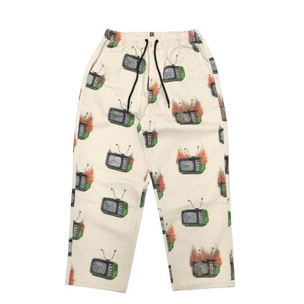 VOLCOM　ボルコムイージーパンツ　コットンパンツ　ロングパンツ　ウエストゴム＆紐　JUSTIN HAGER　前閉じ（ジップやボタンは無し）　ゆるいテーパードフィット、18インチのレッグ開口部ジャスティンヘイガーによる注目のアート斜めのハ...