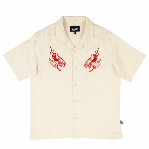 WELCOME SKATEBOARDS　ウェルカム スケートボード半袖シャツ　サラリとした肌触りで、独特のシワ感が特徴のリネン素材　アイボリー　刺〓Linen camp collar shirtGraphic embroidery at b...