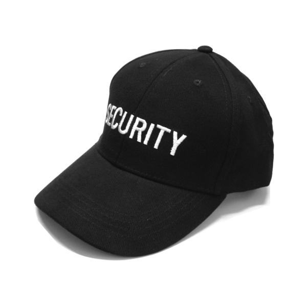SECURITYの刺繍を施した被りのやや浅いベースボールキャップですサイズはバックアジャスター(ベルクロ)で調節可能：約60cm位迄ツバの長さ：約7cm　素材:綿ポリ混紡