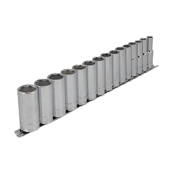 15PCシルバー/8、9、10、11、12、13、14、15、16、17、18、19、20、21、22mm、差込口:3/8(9.5sq)/12335・パッケージ個数:1・●ミラー仕上げのメッキが美しいディープソケットセット。●ボルトの貫通し...