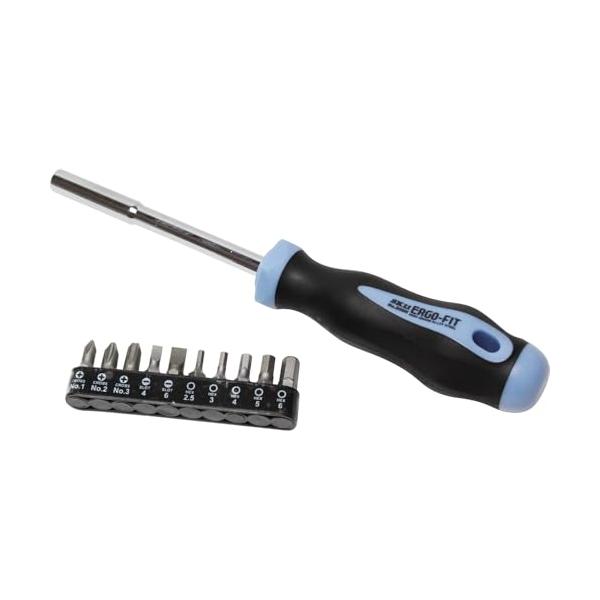 ブルー/-/NO.800H-10BS・パッケージ個数:1・用途:ネジの締め付け、緩め作業・特徴:高いトルク伝達能力と手に優しいハンドル形状・付属ビット数:10本・ハンドル:エラストマー樹脂・付属ビット:25mmビット:+No.1・+No.2...