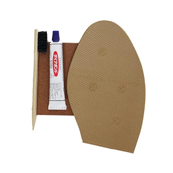 サイズ：縦185mm×横120mm×厚さ2mm主に紳士用 素材 ：SBR合成ゴム天然ゴム セット内容：半張りソール１足分/竹ヨウジ１本/高性能接着剤１本25ml/紙ヤスリ１枚 製造： 日本製耐久性に優れた特殊ゴムで柔らかくしなやか、ソールに...