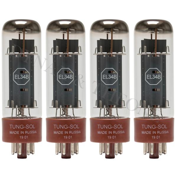 復刻 TUNG-SOL EL34B マッチドクワッド (4本) パワー菅厚みのある音色が特長の真空管。堅牢な造りの高信頼性。演奏への反応速度が高く6L6のようにクリップする音色が特徴。