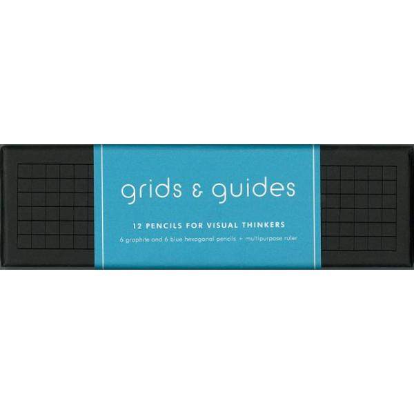 人気のグリッド　アンド　ガイドシリーズの、洗練された鉛筆セット。グラファイト鉛筆６本と青の６本の２色、合計１２本が入っています。簡易的なテンプレート定規のおまけつき。