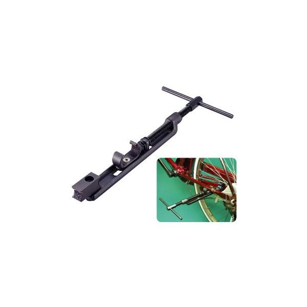 C-451　バック広げフレームに固着したハブの取り外しや、ホイールをフレームに装着したままでのタイヤ、チューブの入れ替えなど、フレームを一時的に拡張させる工具です。アタッチメントはフレームの角度に応じて動きますので、急角度フレームでも滑らず...