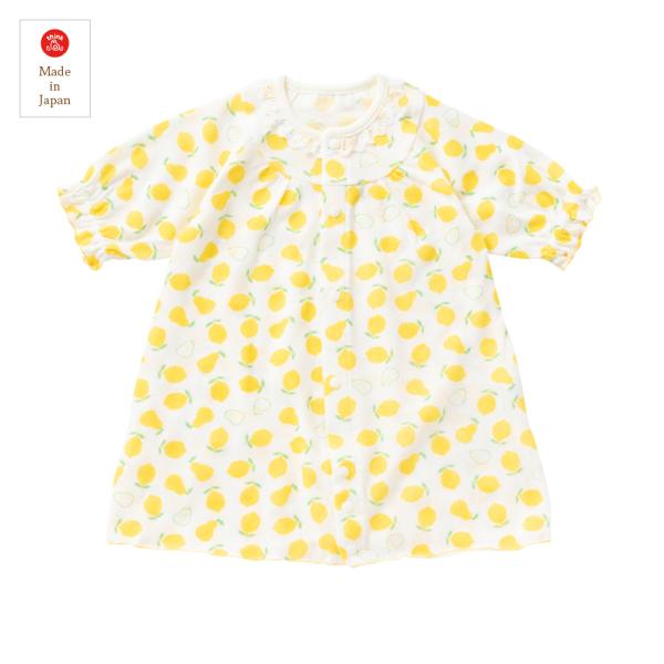 ●サイズ　50-60cm　●カラー　クリーム●素材　　リラックス天竺 洋梨レモン柄●品質　綿100%　●日本製●夏向けの天竺素材です。柔らかく仕上がる特殊な編みかたをしています。●赤ちゃんが自然に足を広げた形に添ったAラインのゆったりしたシ...