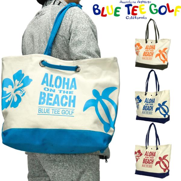BLUE TEE GOLF(ブルーティゴルフ) 厚手で丈夫なコットンキャンバス生地の「ALOHA ON THE BEACH」柄ビッグトートバッグ■素材綿(コットン)100％■サイズ・本体: 約 上部幅/51cm(底部幅/39cm)×高さ37...