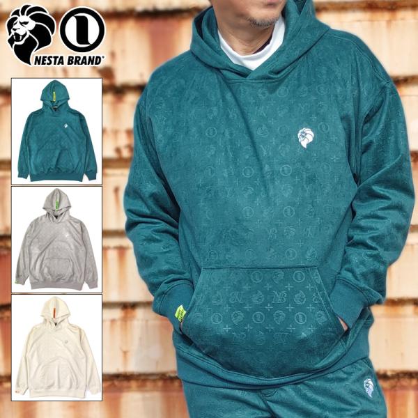 ネスタモノグラム柄がエンボス加工で表現されたパーカー。素材はポリスウェードが採用され、表面は柔らかくしっとりとした風合いが心地良く、肌に触れる裏側はサラッとして着心地抜群。フロントは左胸のロゴ刺繍のみのシンプルなデザイン。フードに取り付けら...