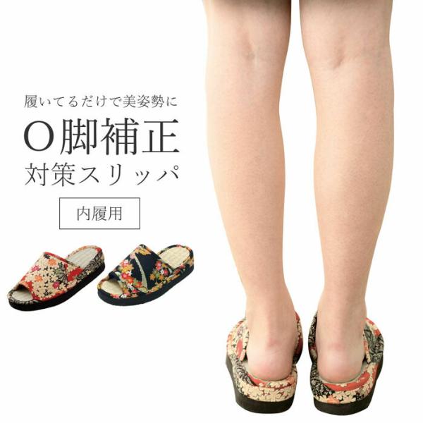 商品名：京彩Ｏ脚補正対策スリッパ（内履用）オールシーズンタイプサイズ：フリーサイズ（22.5 〜 24 cm）カラー：赤（華麗）、黒（優雅）●Ｏ脚でお悩みの方に、美しい姿勢を！　日常生活で履いているだけで、癖になっているＯ脚の補正が期待でき...