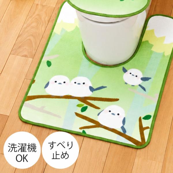 ★ほっこりかわいいシマエナガのトイレマット！＊ウレタンフォーム入りで、柔らかな踏み心地。＊便器横の奥まで長いサイズです。＊裏面にすべりにくい加工をしています。＊洗濯機ＯＫ（ネット使用）