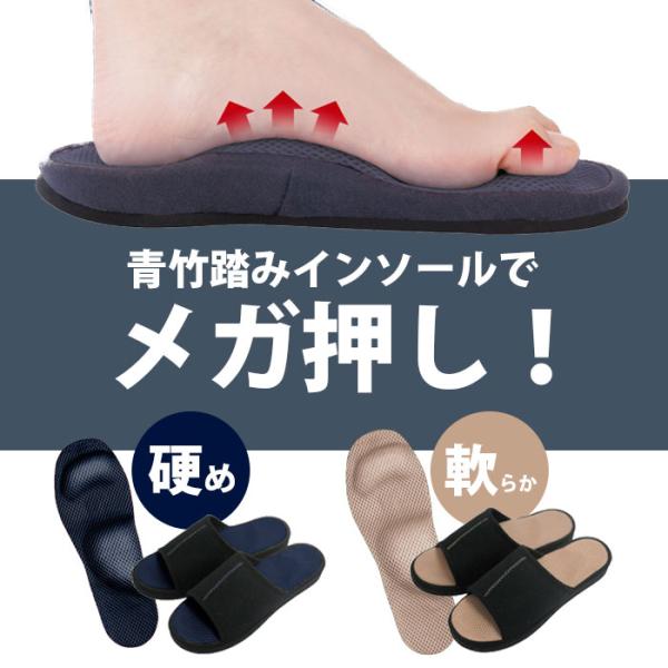 青竹踏みのように大きく隆起したインソールで足裏のコリをほぐし、血行を促進歩くたびにあなたの足をリフレッシュ●ネイビーグイグイ押されてイタ気持ちいい。 硬めのインソール●ベージュプニュっと押されて心地いい。軟らかインソール 足裏専門家と共同開...