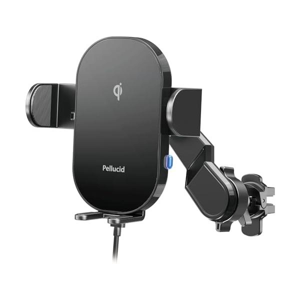 自動開閉式ワイヤレス充電スマートフォンホルダーエアコン取付エアコン風を避けて取付出来るスイングアーム付き対応サイズ:幅60mm~88mm 厚み:18mmまでブランド:ペルシードPellucid