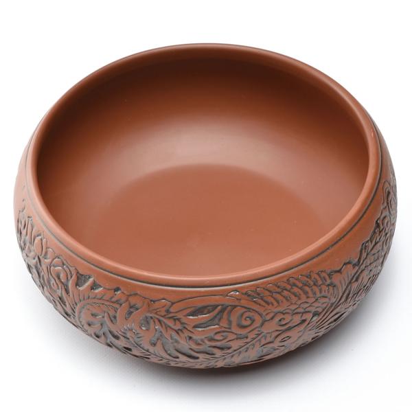 側面に龍と鳳凰の彫刻のある紫砂壺風の茶洗。