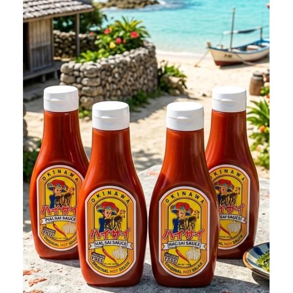 【ハイサイソース4本セット 送料無料】沖縄を飛び出した島人がタイで出会ったシラチャソースをベースに地元沖縄の人々の舌に合うようにブレンドしてできたソースがハイサイソースです。主な原料は唐辛子、ガーリック、砂糖、塩。スパイシーで程よい甘みとコ...