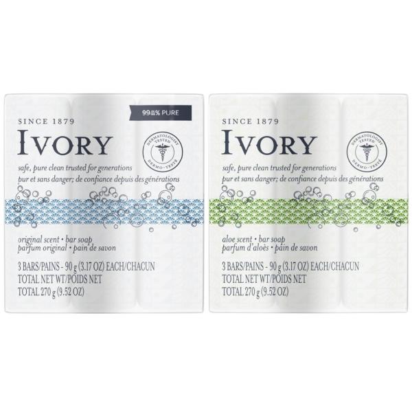 P&amp;G IVORY 99.44% pure clean&amp;simple 3 BARS original/aloe scent 9.52oz/270gお肌に優しいアイボリーの固形石鹸3個入りパック。優しい成分で全身用としてご利用...