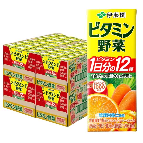 伊藤園 ビタミン野菜 ( 紙パック ) 200ml【セット内容】伊藤園 ビタミン野菜 ( 紙パック ) 200ml ×96本（4ケース）商品の説明野菜と一緒に12種のビタミン（※2）が1日分摂れる栄養機能食品です。（※2）ビタミンC、ビタミ...