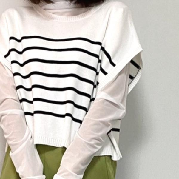1枚で着るのはもちろんTシャツなどと合わせたレイヤードスタイルもオススメです。アームホールもゆとりがあるのでボリュームのあるインナーでもごわつきません◎ボーダーが爽やかでこれからの時期にぴったりのアイテムです!モデル身長159cm　透け感な...