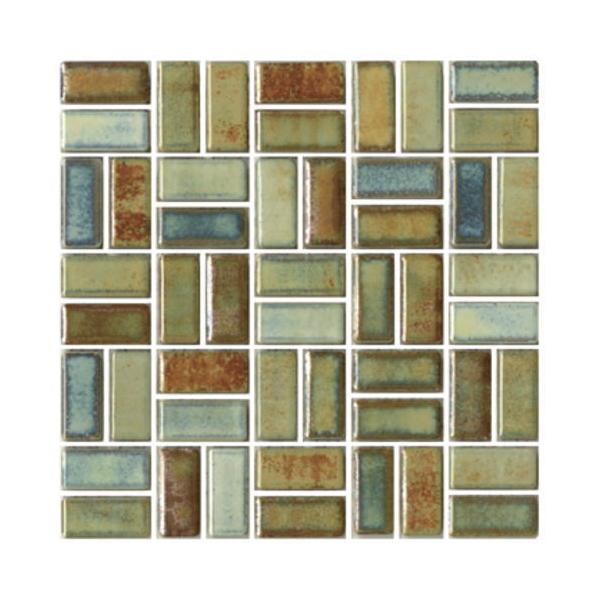 チロル シート販売(バスケットウェーブ貼り)  濃ミックス。内装壁のＤＩＹに（200粒）おしゃれなデザイン、かわいい色と模様　レトロモダン風。キッチン・玄関・テーブル・洗面所のリフォームにＯＫ。壁建材・日本製・磁器質・美濃焼・耐凍害モザイク...