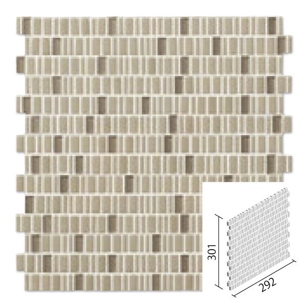 丸みを帯びた小さな形状を3種類ミックスしたランダムな目地通りが印象的なシリーズです。同じ色調で異なる質感のガラスモザイクの組み合わせにより、穏やかな印象に仕上がります。