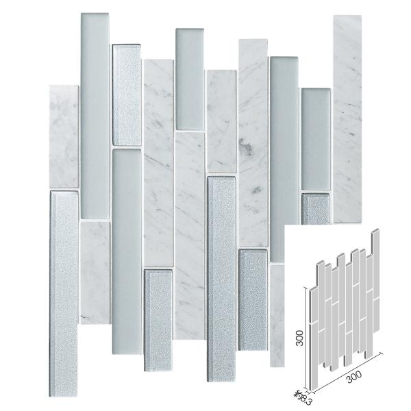 空間にリズムを生み出す異形状・異素材ミックスのモザイクです。コントラストが際立つ柄のくっきりした石材とガラスを組合せたデザインは、メリハリある洗練された空間を演出します。掲載カタログ：LIXIL/INAX 2024タイル建材総合カタログ