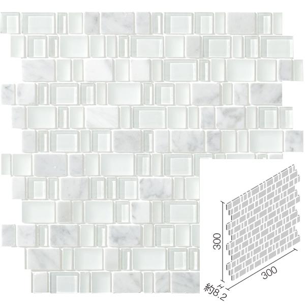 大理石と、さまざまな色と質感のガラスをちりばめたモザイクタイルです。品番：DTL-R/PCM-1目地共寸法：300×300mm厚さ：約8.2mmあたり枚数：11.5シート/m2