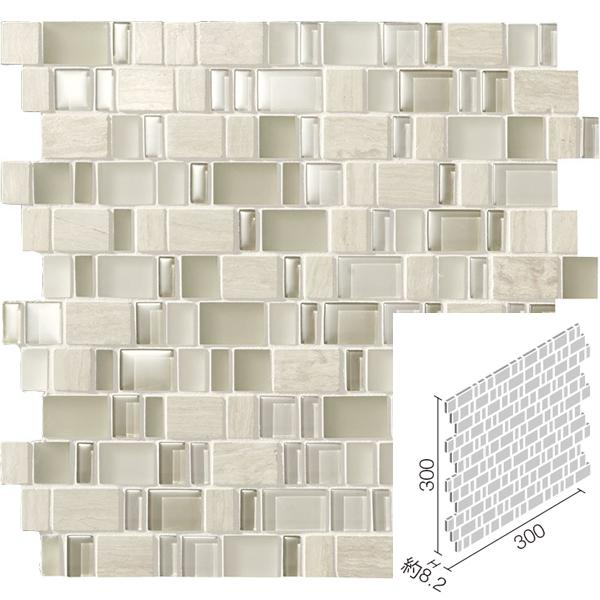 大理石と、さまざまな色と質感のガラスをちりばめたモザイクタイルです。品番：DTL-R/PCM-2目地共寸法：300×300mm厚さ：約8.2mmあたり枚数：11.5シート/m2